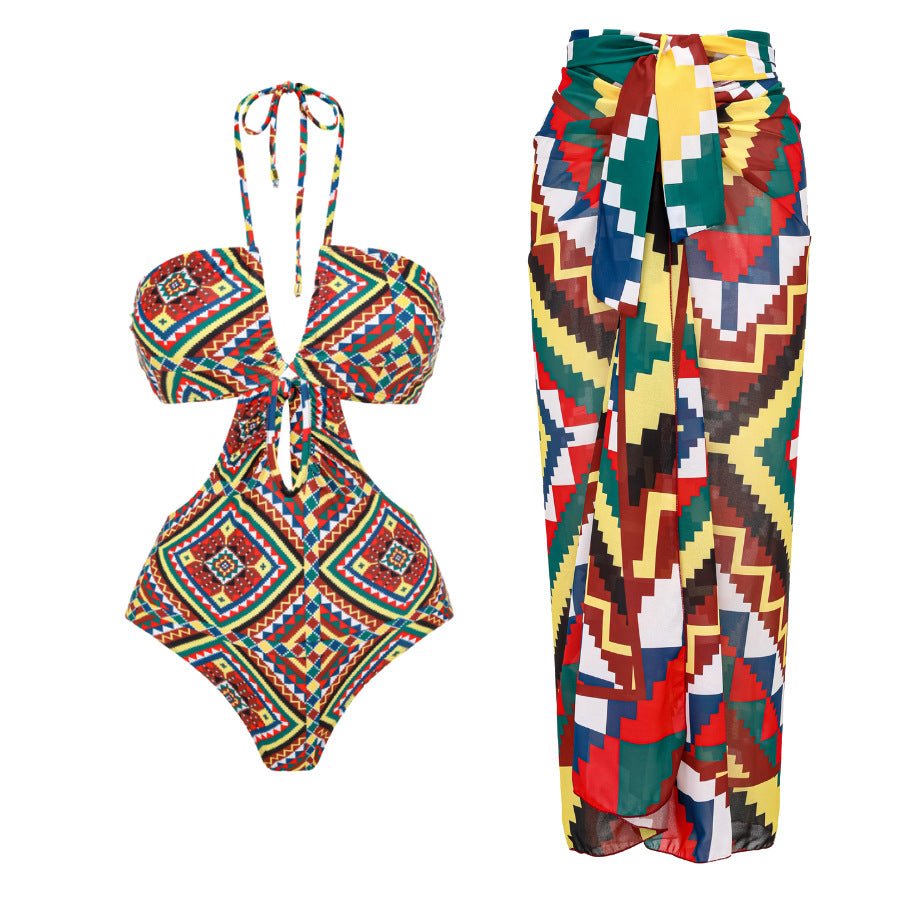 Geometric Design Monokini backless Tieup With Sarong Skirt By Sinderel